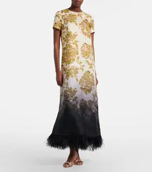 La DoubleJ Swing Feather-trimmed Floral Silk Twill Maxi Dress