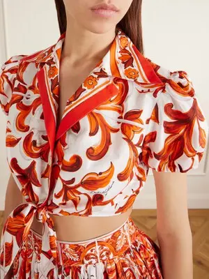 Dolce & Gabbana Cropped Printed Cotton-poplin Top - Orange