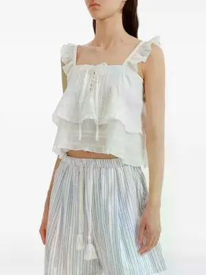 TOUT A COUP Ruffled Sleeveless Blouse With Lace Inserts