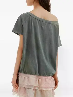 B+AB Off-shoulder Washed Cotton T-shirt With Drawstring Hem - Grey