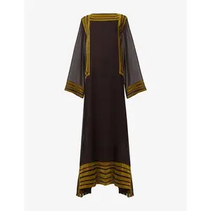 LEEM Velvet Panel Long Sleeve Woven Maxi Dress - Brown