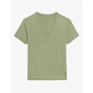Zadig&Voltaire Marta V-neck Rhinestone Embellished Cotton T-shirt - Tea