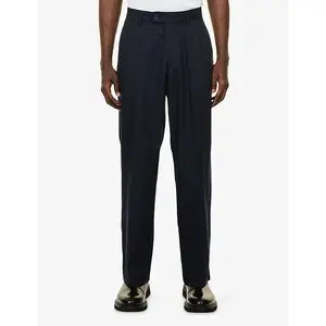 PERCIVAL Pressed-pleat Straight-leg Cotton-blend Trousers - Navy