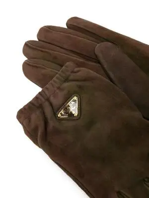 Prada Suede Gloves With Triangle Logo Detail - Brown