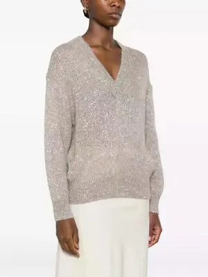 Brunello Cucinelli Sequin-embellished V-neck Sweater - Neutrals