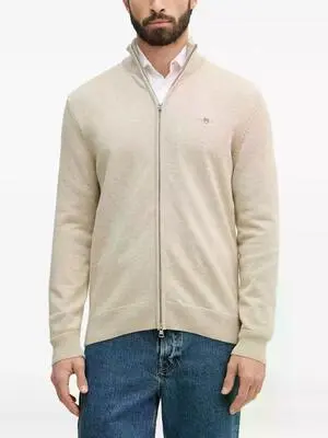 Gant Gant Zip-Up Embroidered-Logo Fine Knit Sweater Neutrals