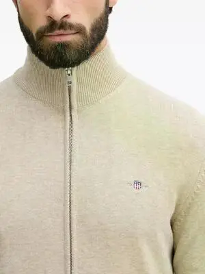 Gant Zip-up Embroidered-logo Fine Knit Sweater - Neutrals