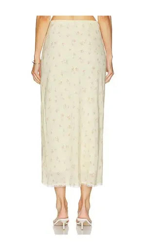 LoveShackFancy Silvia Printed Midi Skirt With Lace Trim And Slit - Yellow
