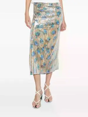 Tory Burch Sequined Blue Rose Print Pencil Skirt