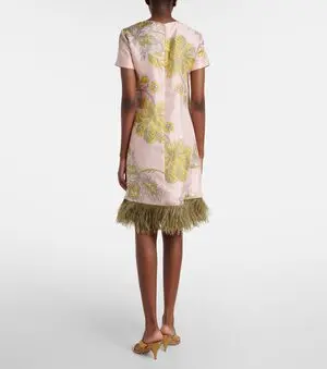 La DoubleJ Swing Feather-trimmed Floral Silk Twill Mini Dress
