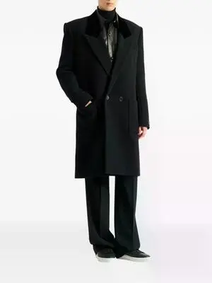 Balmain Long Wool And Velvet Peak Lapel Coat