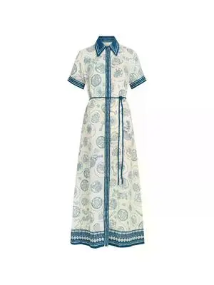 ALEMAIS Alemas Lucky Belted Maxi Shirt Dress In Ivory And Blue Graphic Print