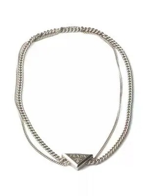 Prada Metal Chain Necklace With Triangle Logo - Silver