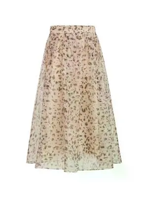 Brunello Cucinelli Lynx Print Silk Organza Pleated Midi Skirt - Neutrals