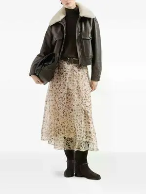 Brunello Cucinelli Lynx Print Silk Organza Pleated Midi Skirt - Neutrals