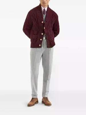 Brunello Cucinelli Cashmere Feather-yarn Cable-knit Cardigan With Metal Buttons - Red