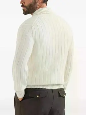 Brunello Cucinelli Cashmere Ribbed Knit Long Sleeve Polo Shirt - Neutrals