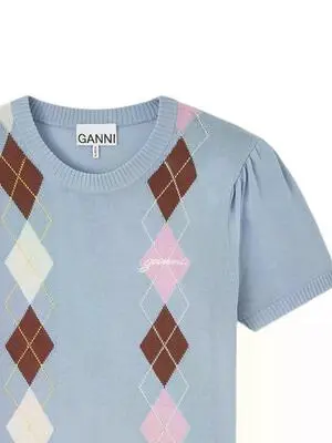 GANNI Argyle Pattern Puff Sleeve T-shirt - Blue