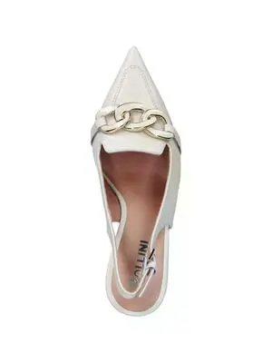 POLLINI White Leather Pointed Toe Chain-link Slingback Pumps