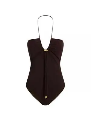 Moschino Halterneck Ruched One-piece Swimsuit With Gold-tone Hardware - Brown