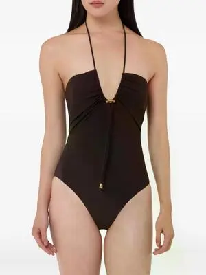 Moschino Halterneck Ruched One-piece Swimsuit With Gold-tone Hardware