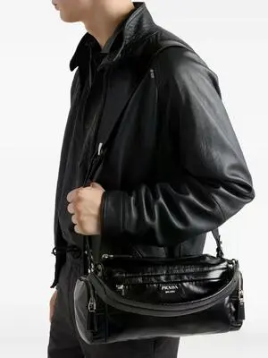 Prada Leather Shoulder Bag With Zipper Pockets - Black