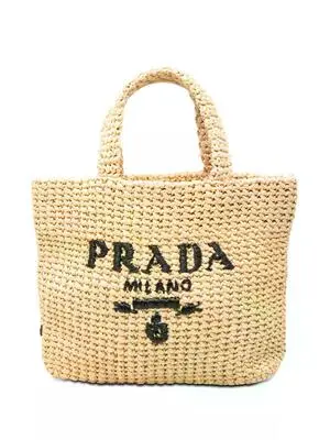 Prada Small Raffia Effect Crochet Embroidered Logo Tote Bag - Neutrals