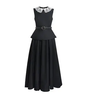 SELF-PORTRAIT Taffeta Midi Dress With Lace Trim - Black