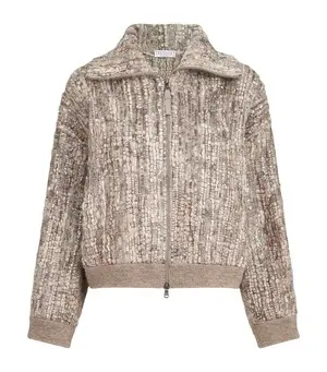 Brunello Cucinelli Mohair-blend Embroidered Zip-up Cardigan - Beige