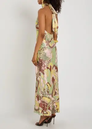 Rixo Maura Printed Satin Halterneck Midi Dress