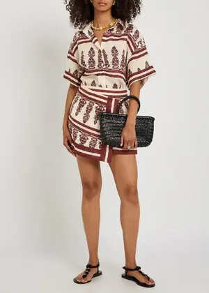 Johanna Ortiz Printed Linen Mini Wrap Skirt - Ecru