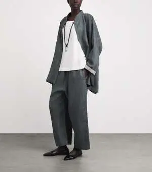 Eskandar Mandarin Collar Linen Wide Longline Jacket - Blue