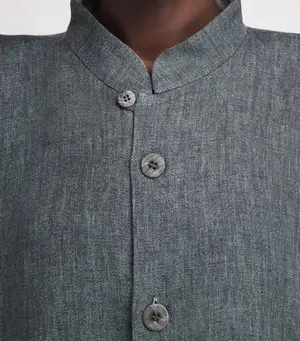 Eskandar Mandarin Collar Linen Wide Longline Jacket - Blue