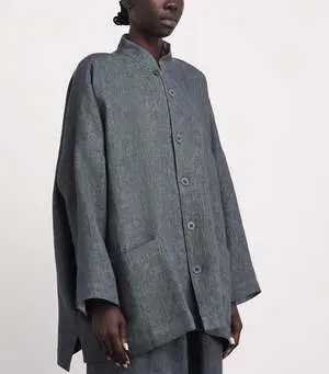 Eskandar Mandarin Collar Linen Wide Longline Jacket - Blue