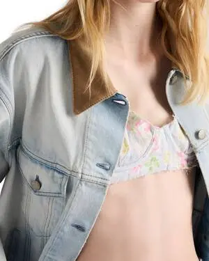Prada Distressed Denim Blouson Jacket With Leather Collar