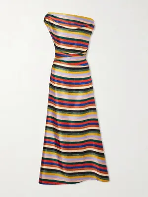 Staud STAUD Phare One-Shoulder Striped Silk-Blend Satin Maxi Dress Multi