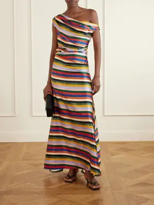 Staud Phare One-shoulder Draped Striped Silk-blend Satin Maxi Dress - Multi