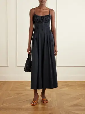 Staud Margi Ruffled Pleated Cotton-stretch Poplin Midi Dress - Black
