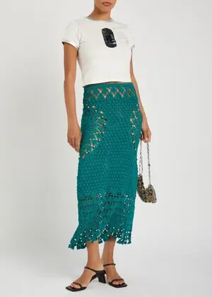 Rabanne Bead-embellished Crochet Cotton Midi Skirt - Green