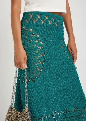 Rabanne Bead-embellished Crochet Cotton Midi Skirt - Green