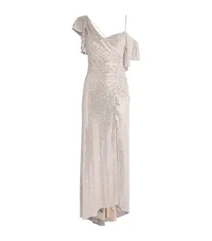 SELF-PORTRAIT Rhinestone Gathered Maxi Dress - Silver