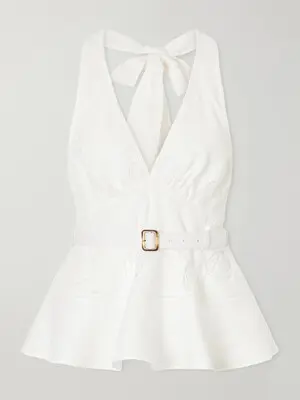 SELF-PORTRAIT Belted Embroidered Peplum Top - White