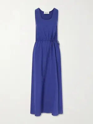 Matteau Gathered Cotton Midi Dress With Tie Detail - Blue