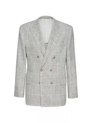 Brunello Cucinelli Linen Prince Of Wales One-and-a-half Breasted Deconstructed Blazer With Metal Buttons - Grey