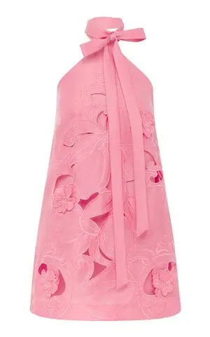 LEO LIN Lola Floral-appliqued Linen-blend Halter Mini Dress - Pink