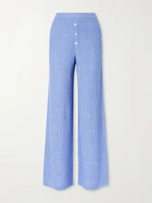 Guest In Residence Ribbed Cashmere & Linen-blend Wide-leg Trousers - Blue
