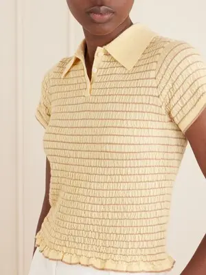 Guest In Residence Smocked Ruffled Striped Cashmere-blend Polo Sweater