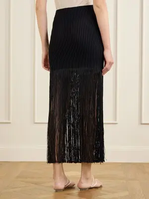 Alaïa Ribbed Fringed Jersey Midi Skirt - Black