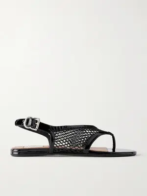 Alaïa Fishnet And Patent Leather Flat Sandals - Black