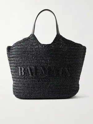 Balmain Large Logo Embroidered Raffia Tote Bag - Black